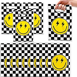 Whaline 72Pcs One Happy Dude Party Favor Bags Smile Face Checkered Plastic Treat Bags Goodie Candy Bags for Birthday Baby shower Party Gift Wrapping Supplies