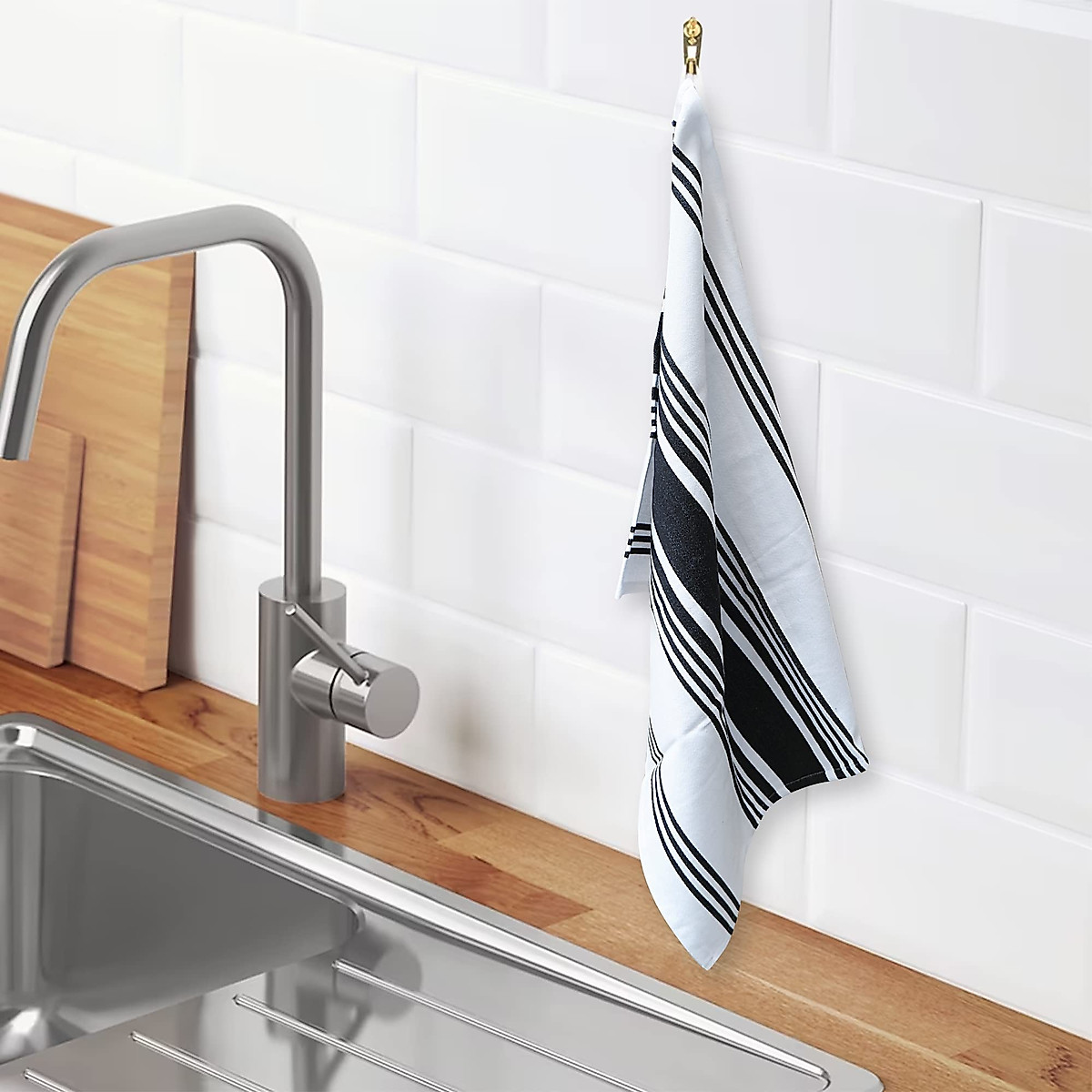 Black White Set of 4 Kitchen Dish Towels 20X30 Inch Extra Large Size Highly Absorbent 100% Cotton Hand Towel with Mitered Corners Modern Stripes For Bar & Tea And Household Use With Hanging Loop