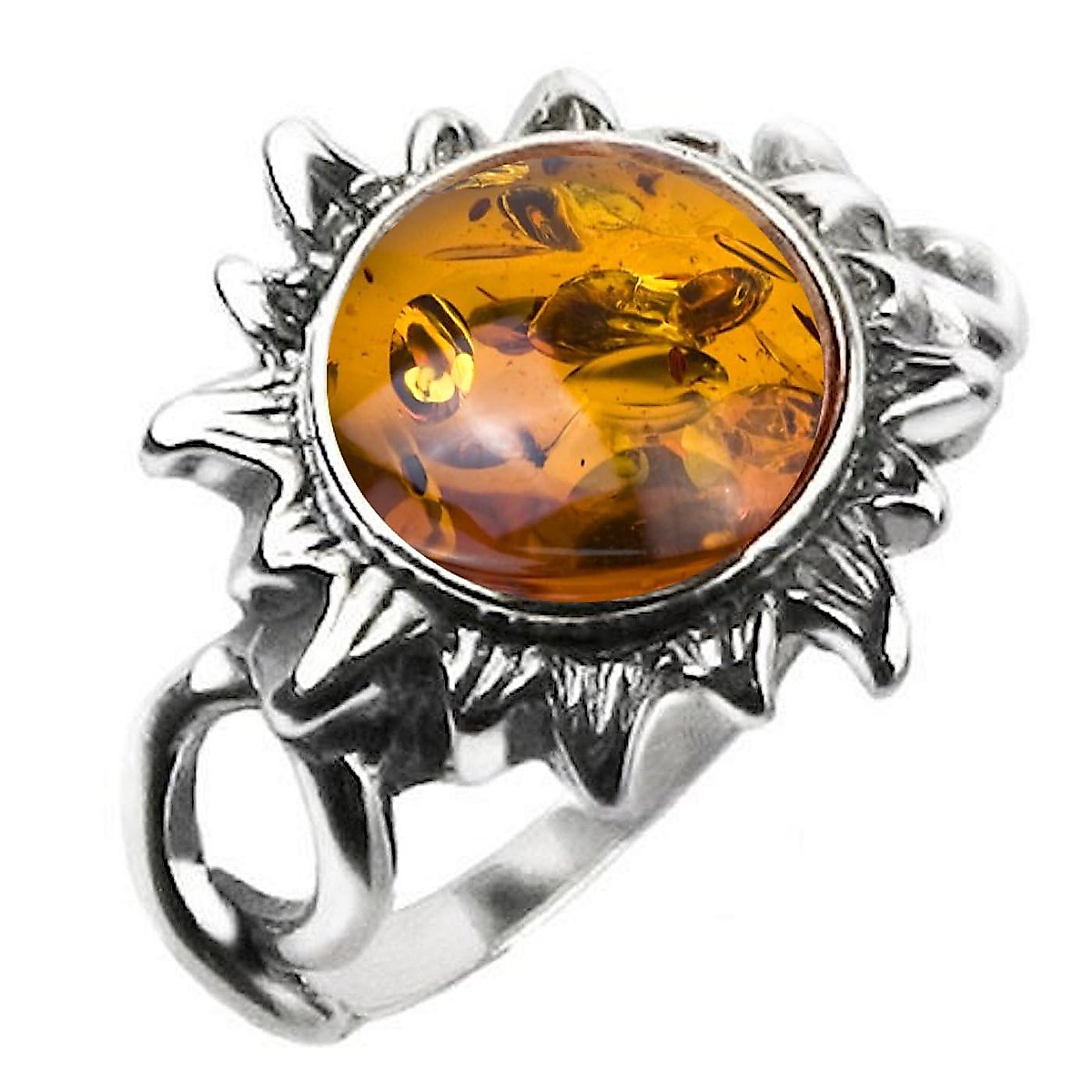 Amber and Sterling Silver Medium Flaming Sun Ring
