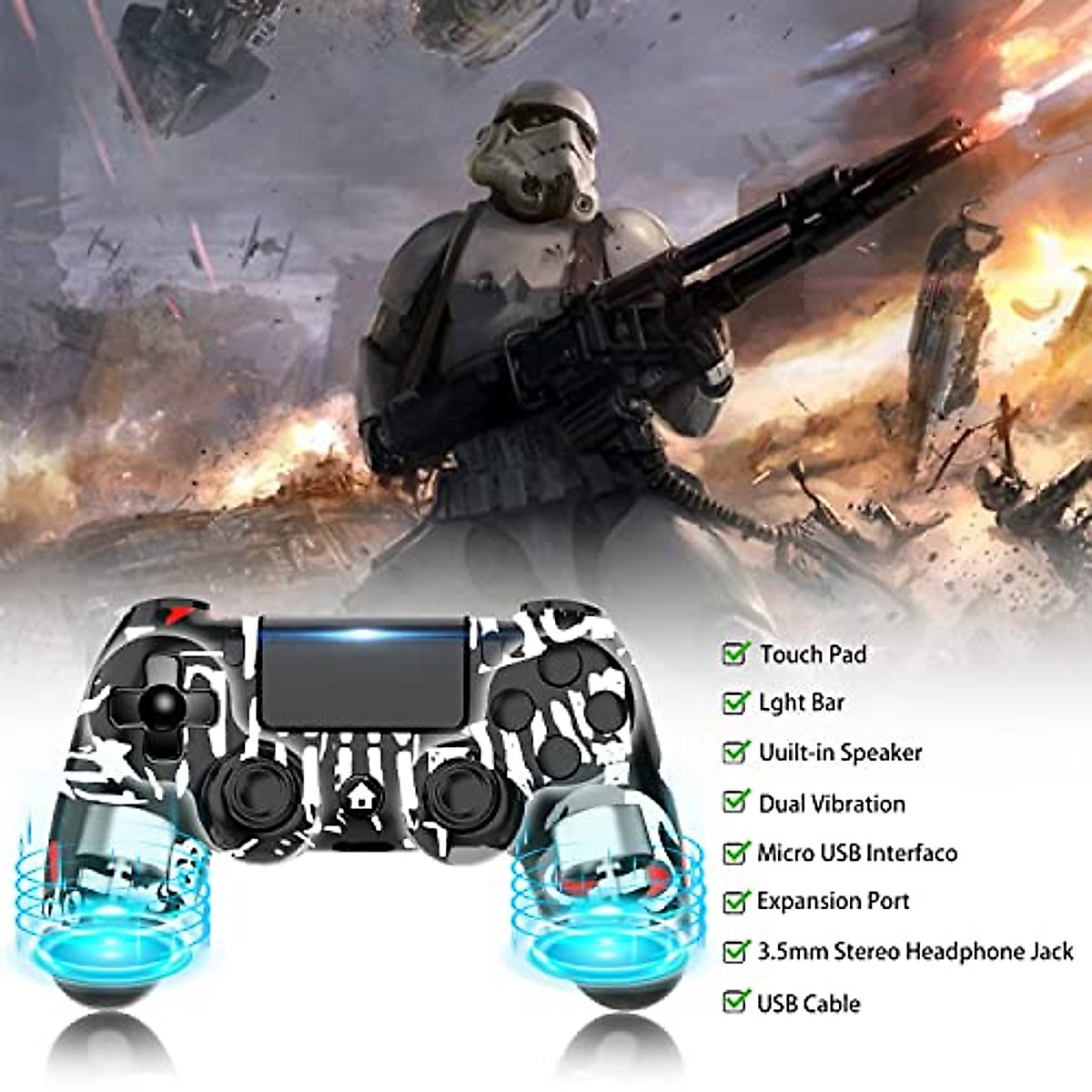 YUYIU 【Upgraded Wireless Controller for Ps4 Remote Plays-tation 4/Slim/Pro/PC, Gaming Controllers with Dual Vibration Shock Speaker, Camo Red with Headphone Jack Touch Pad Six Axis Motion Control