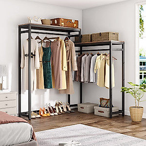 Tribesigns Free Standing Closet Organizer, Clothes Garment Racks with Storage Shelves and Double Hanging Rod, Heavy Duty Metal Wardrobe Closet Storage Clothing Shelving for Bedroom (Rustic Brown)