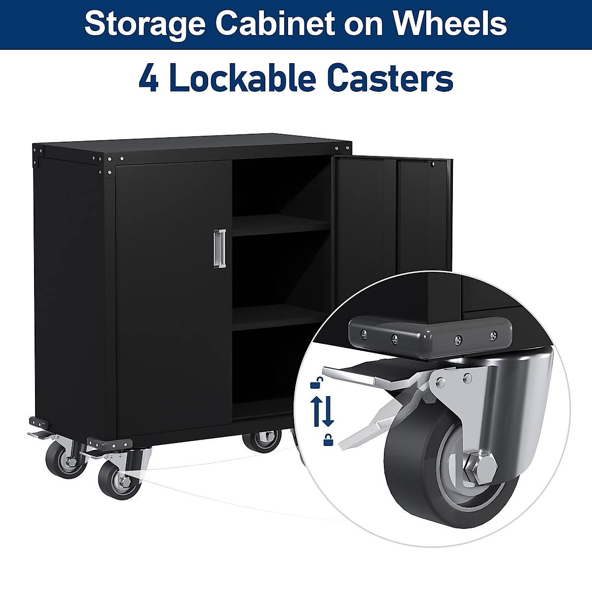 Aobabo 35.4'' Tall Metal Storage Cabinet with Wheels,Lockable Rolling Storage Cabinet for Garage,Office,Home,Steel Tool Chest Cabinet with 2 Shelves,Black