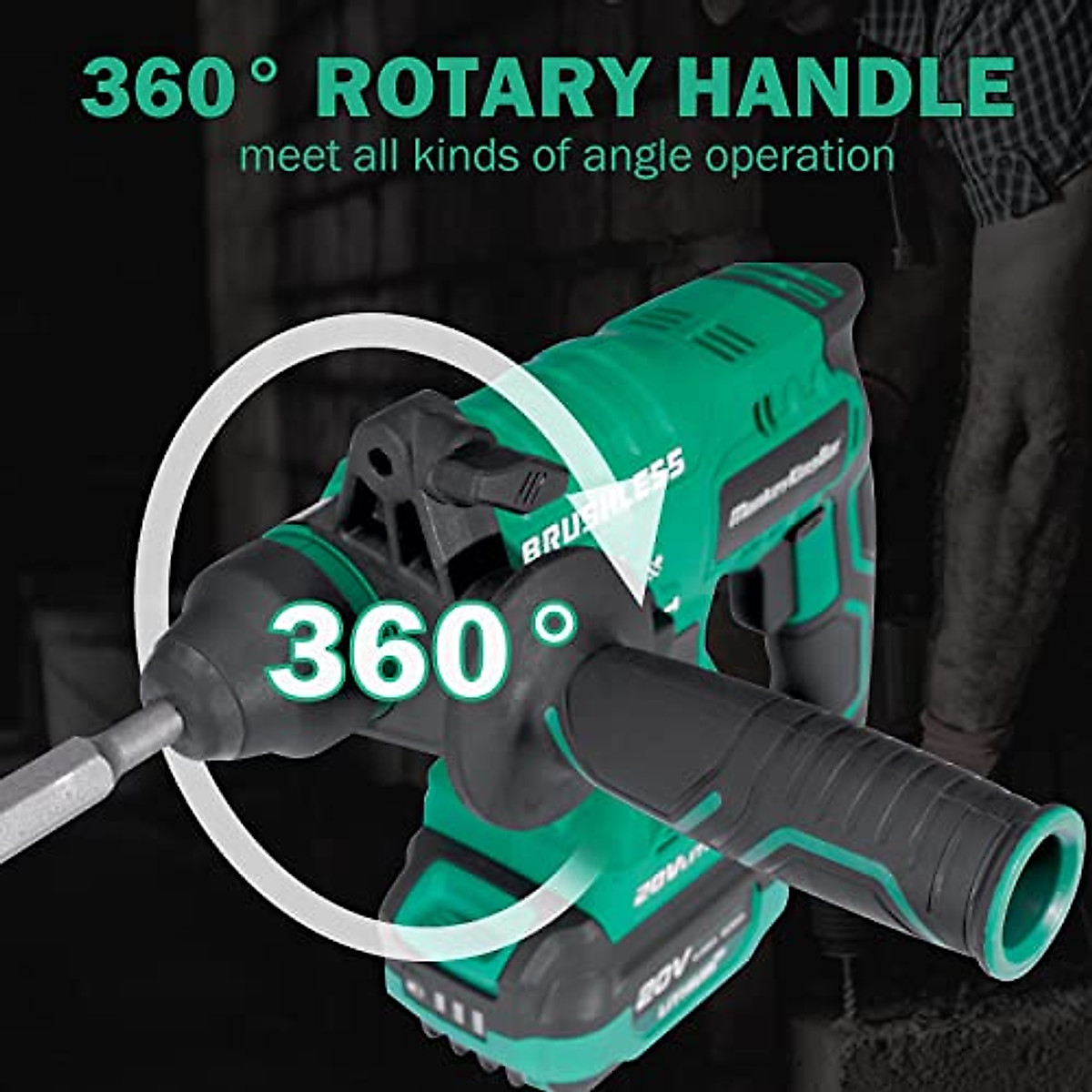 Monkey King Bar-SDS PLUS Coreless Brushless Rotary Hammer Drill 20V 2.2J Power- Li-ion Battery Faster Charge & 4 Modes and Variable-Speed with 1/2 Inch Chuck