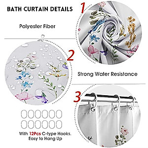 DDQQ 4Pcs Flower Shower Curtain Set with Non-Slip Rugs, Toilet Lid Cover and Bath Mat, Colorful Floral Shower Curtain with 12 Hooks, Waterproof Watercolor Boho Bath Curtain for Bathroom Decor