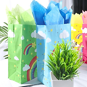 JOHOUSE 24PCS Treat Paper Bags, Colorful Gift Bag with Tissue Paper Rainbow Goody Bags Treat Bags with Stickers for Party Birthday Baby Showers Weddings