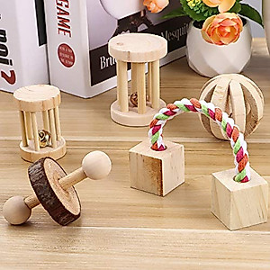 POPETPOP 5PCS Hamster Chew Toys Natural Wooden Play Toy Exercise Bell Roller Teeth Care Molar Toy for Bunny Rabbits Rats Gerbils and Other Small Animals