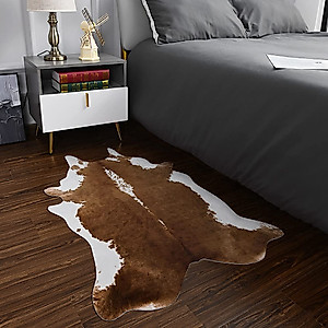 HOMORE Cowhide Rug, Cute Cow Print Rug for Living Room Faux Cow Hide Animal Print Carpet for Bedroom Office Table, 3.6 x 2.3 Feet, Khaki Brown