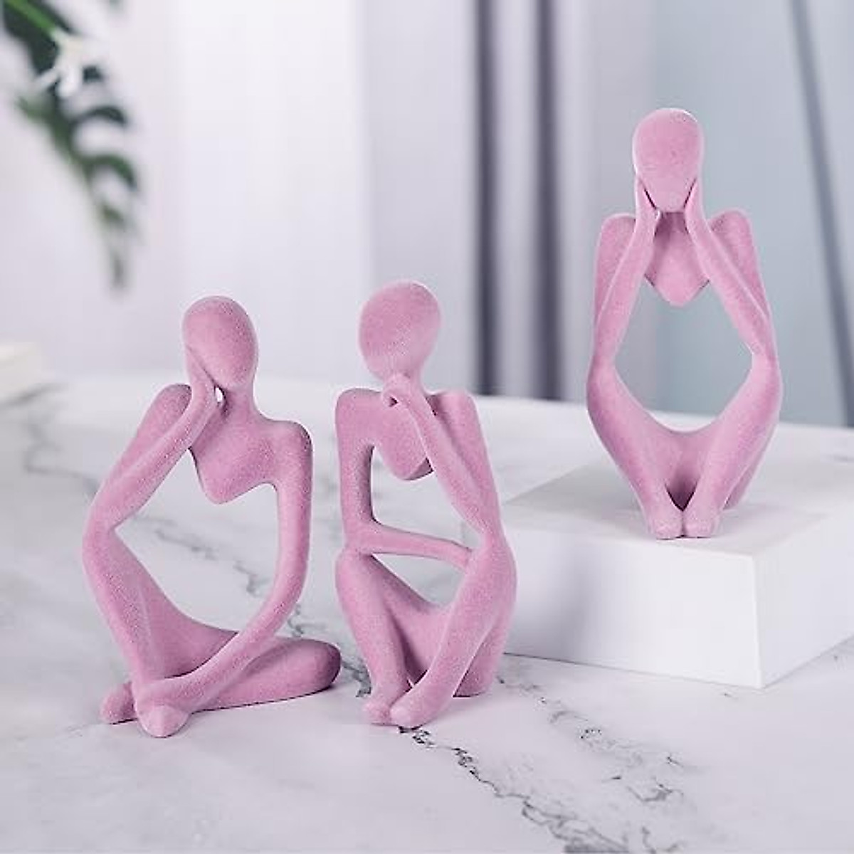 Ksgolif Home Decor Thinker Statue - 3pcs Modern Abstract Art Sculpture Bookshelf Decor Pink Velvet Collectible Figurines Decorations for Living Room Office Women's Day Gift (Pink)
