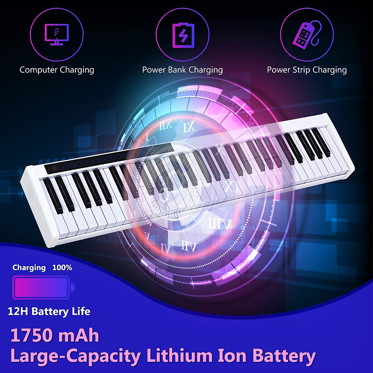 Costzon 61-Key Portable Digital Piano, Upgraded Premium Electric Keyboard W/ 128 Rhythm, 128 Tone, Sustain Pedal, MIDI/USB Interface, Power Supply, Bluetooth Function (White)