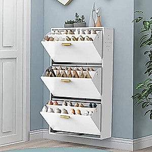 ACLULION Tipping Bucket Shoe Cabinet with 3 Drawers, Wall Mounted Metal Shoe Cabinet with Adjustable Shelf, Modern White Free Standing Shoe Cabinet for Entryway, Hallway, Holds 20 Pair Shoes