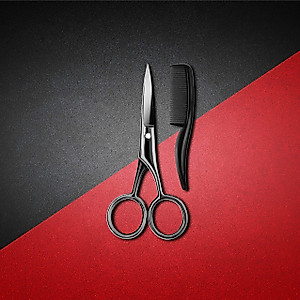 ManMade: Men's Grooming Set Mustache and Beard Scissors + Free Comb, Two-Piece Grooming Essentials, Stainless Steel Facial Hair Scissors for Men (Red)
