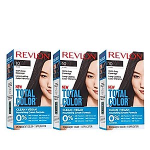 Permanent Hair Color by Revlon, Permanent Hair Dye, Total Color with 100% Gray Coverage, Clean & Vegan, 10 Black, 10.2 Oz (Pack of 3)