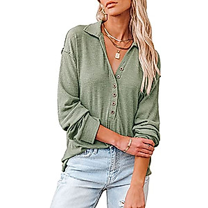 BTFBM Women Casual Button Down V Neck Blouses Long Sleeve Solid Color Stand Collar Knitted Fall Tops Cute Relaxed Fit Shirts(Solid Light Green, Small)