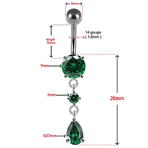 Clear Crystal Stone Round with Teardrop CZ Stone Dangling 925 Sterling Silver with Stainless Steel Belly Button Ring