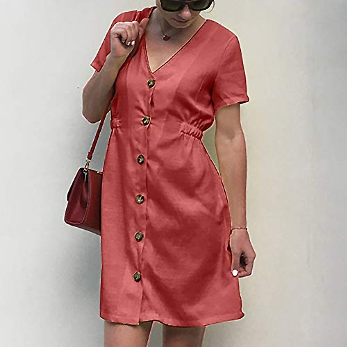 Dress for Women, Women's Sumemr Short Sleeve V-Neck Button Down Solid Skirt Casual Mini Dress(Red, XL)