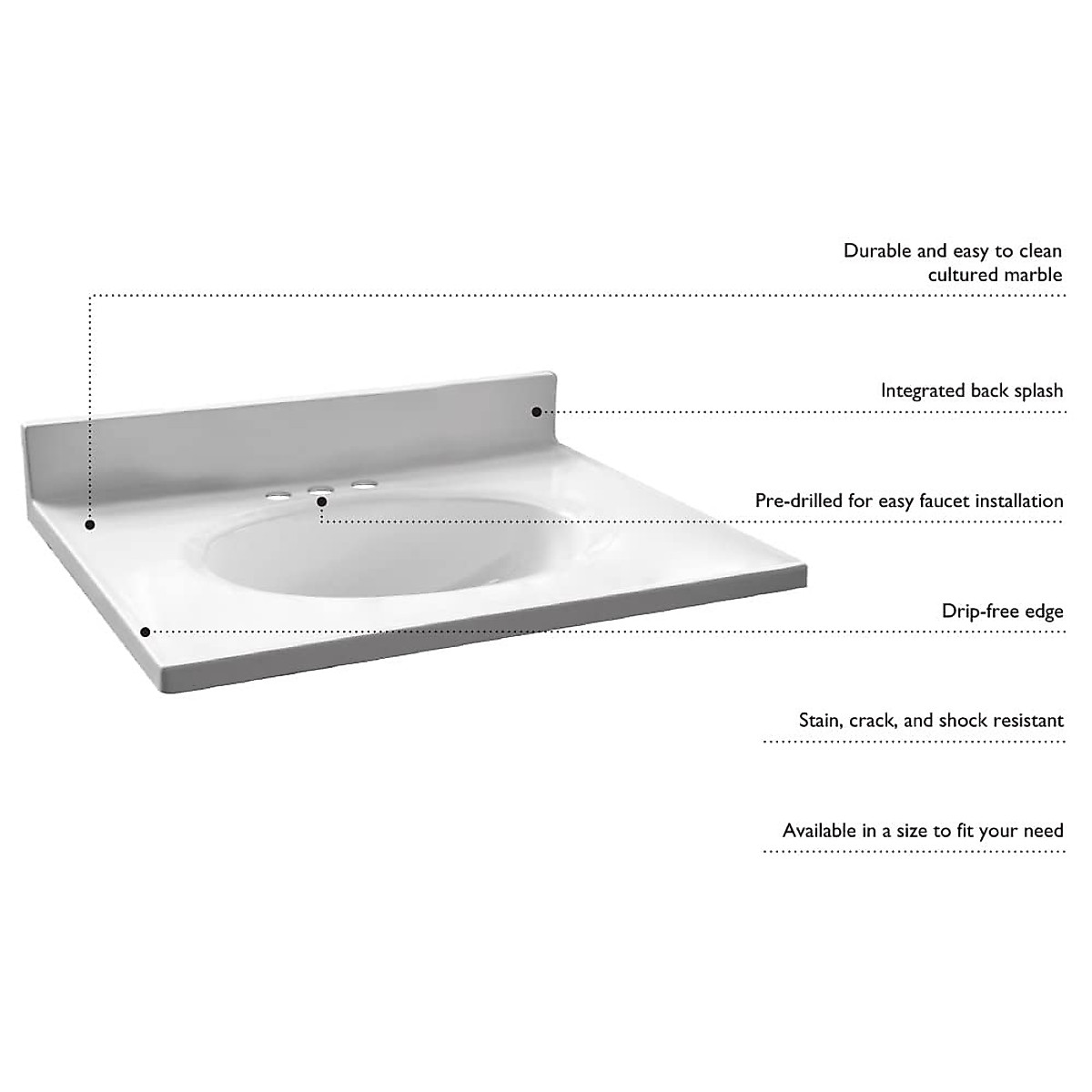 Design House 586180 Cultured Marble Vanity Top 25"x19", Solid White
