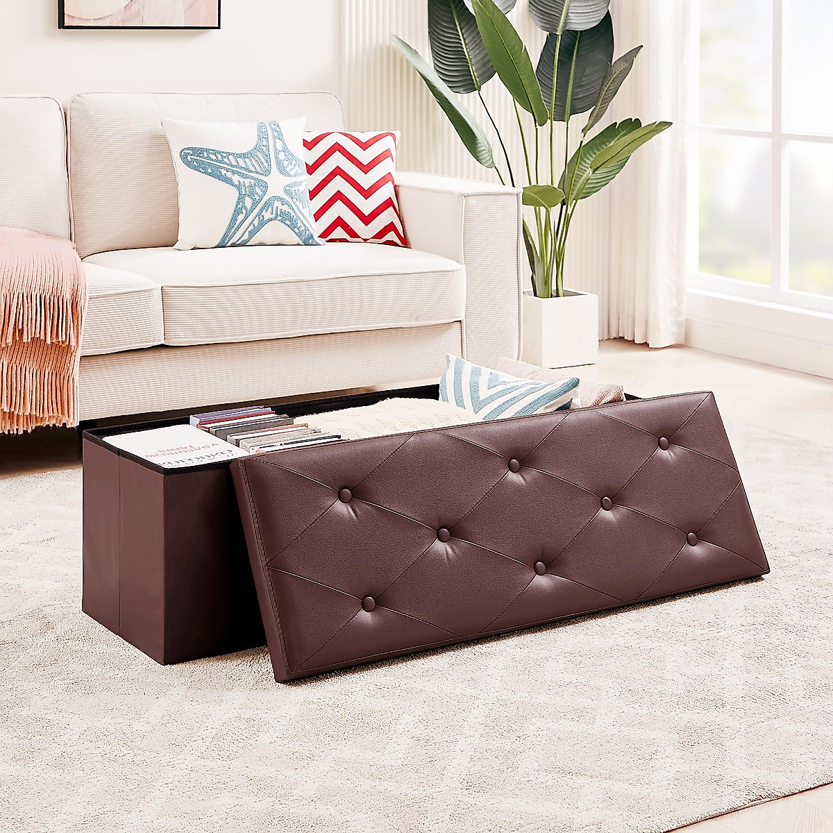 VECELO 43'' Folding Storage Ottoman, End of Bed Bench, Tufted Faux Leather Chest for Living Room, Utility Room, Hallway, Holds up to 660 lb, Easy to Assemble, Black