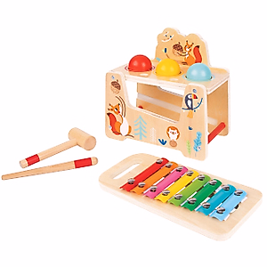 TOOKYLAND Pound a Ball Toy - 7pcs - Wooden Pounding and Hammering Bench with Xylophone; Educational Ball Drop Tap Game for Toddlers 1 Year Old +