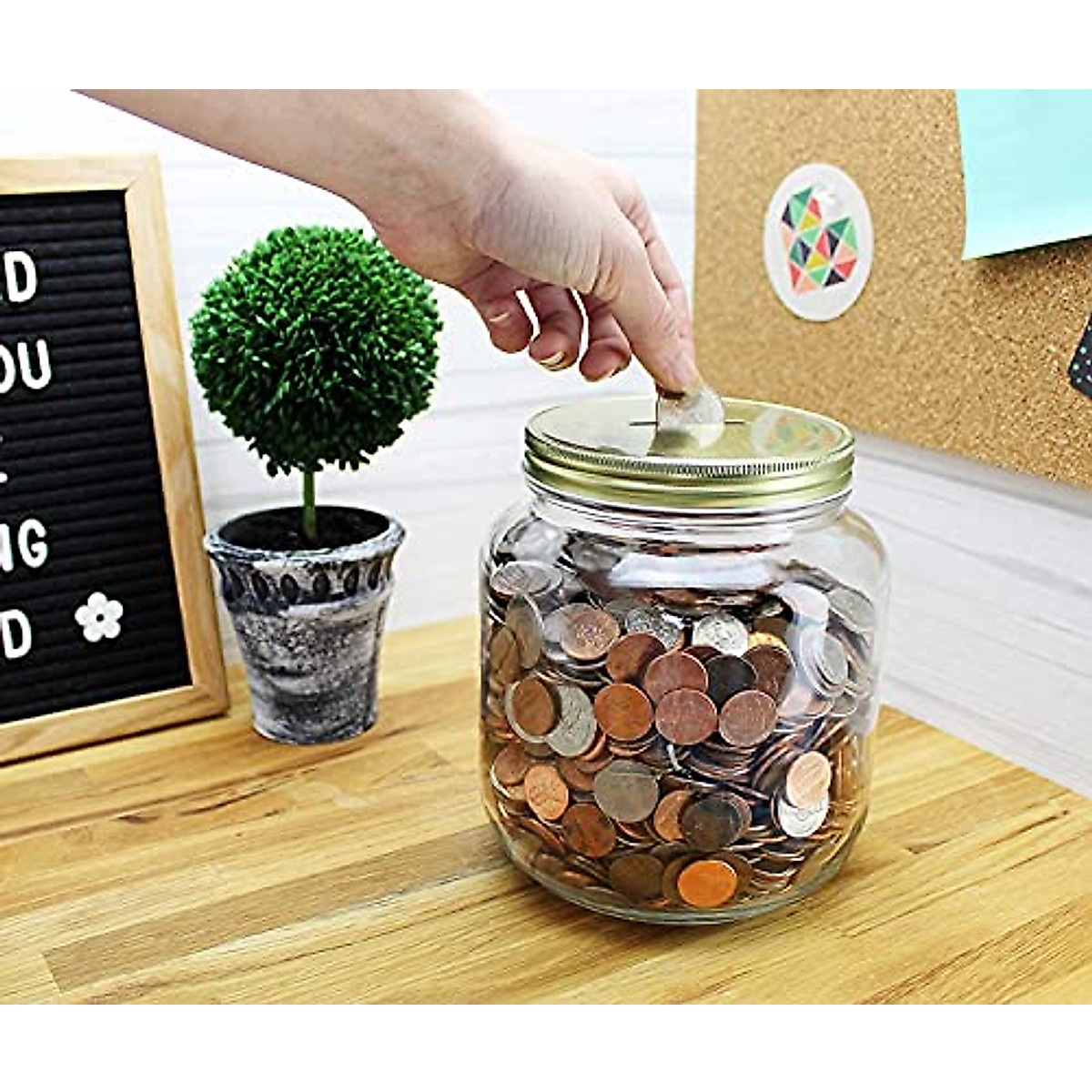 Cornucopia Large Coin Bank Jar; Half Gallon Clear Glass Piggy Bank with Gold Slotted Lid