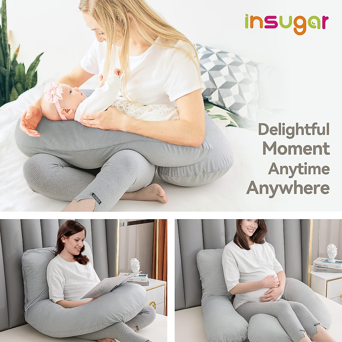 Insugar Pregnancy Pillows for Sleeping with Cooling Cover, U Shaped Body Pillows for Pregnancy, Maternity Pillow for Pregnant Women, Support Belly, Back and Knees, 55 x 28 Inch Grey