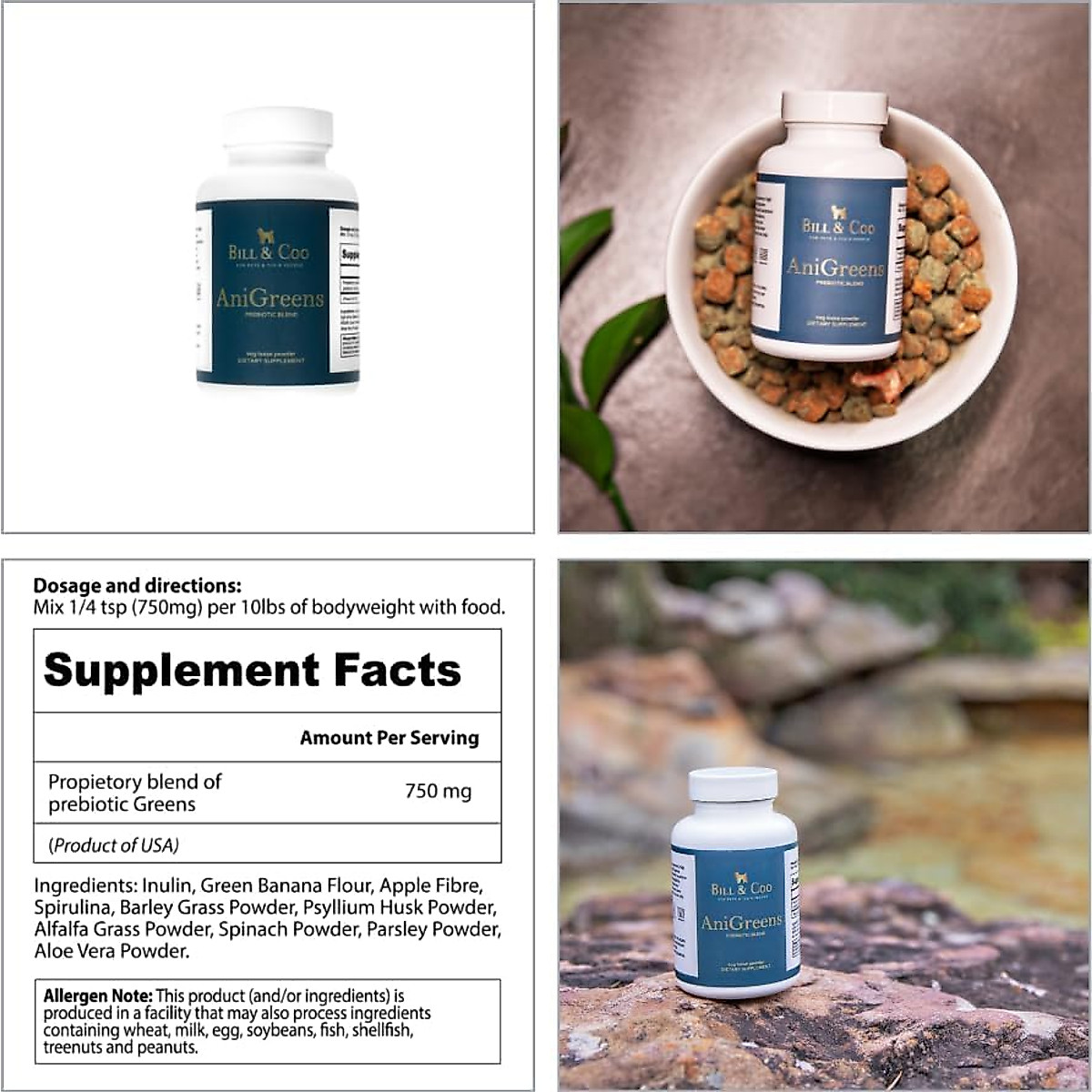 BILL &COO Anigreens Prebiotic & Probiotics for Dogs, Formulated with Special Fibers Digestive Enzymes, Dog/Cat Probiotics for Digestive Health & General Gut Balance to Immune Support of Your Pets,90g