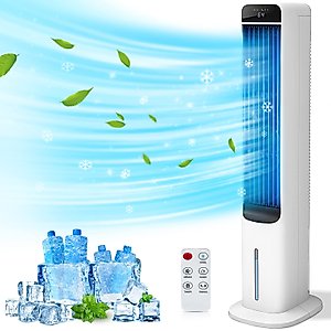 LifePlus Portable Evaporative Cooler, Swamp Bladeless Tower Fan Air Conditioner with Ice Cooling & Humidification, 4Ice Packs, 70°Oscillation, Low Noise for Kitchen Bedroom Office, 1.32 Gallon, White