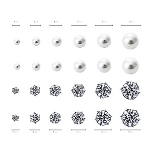 SUNSCSC Women's Stainless Steel Round Clear Cubic Zirconia Pearl Stud Earrings Gift 12 Pairs (White)