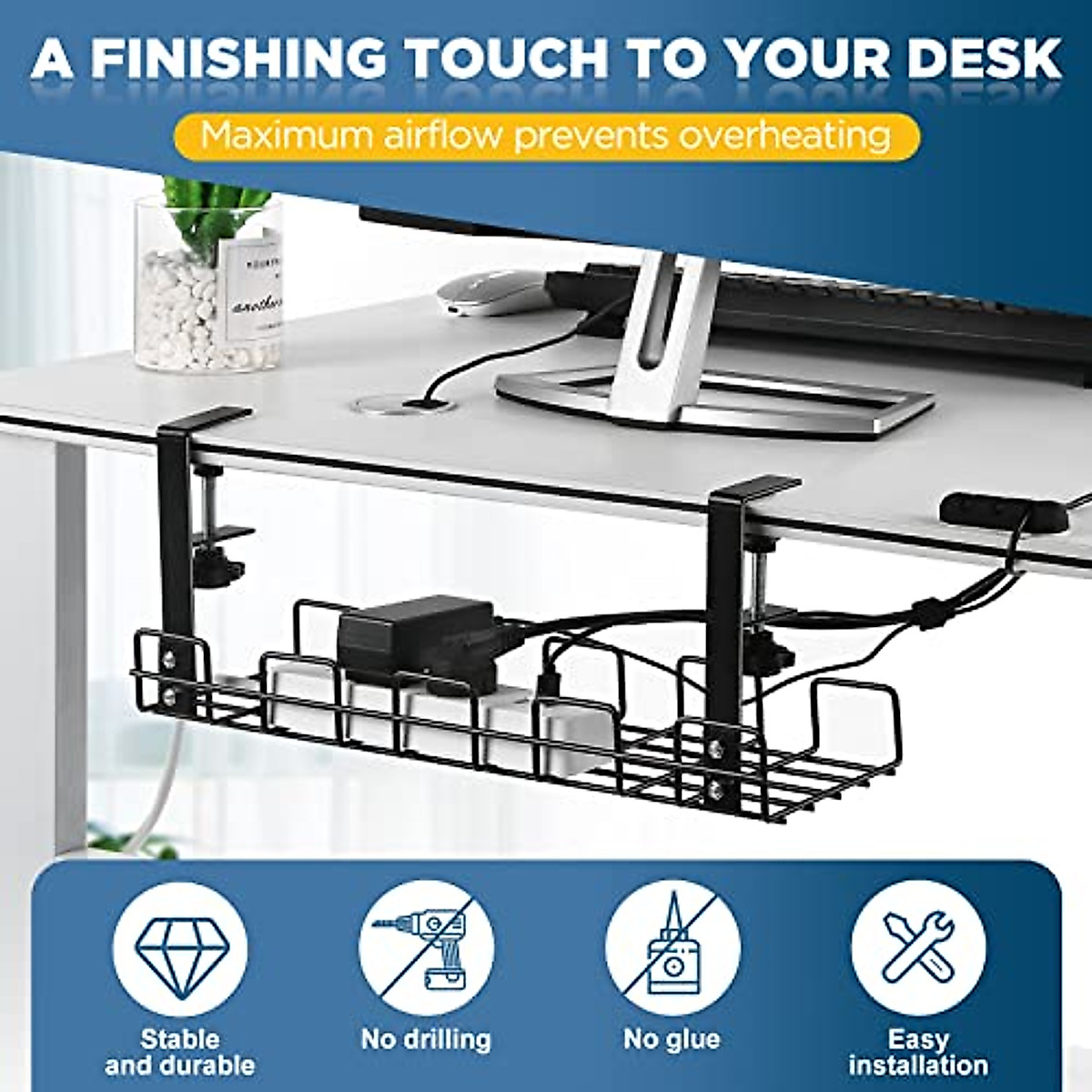 Effortless Cable Management Under Desk - No Drill Cord Organizer Tray for Home and Office PCs - Desk Cable Management Rack with No Damage to Desk (2packs)