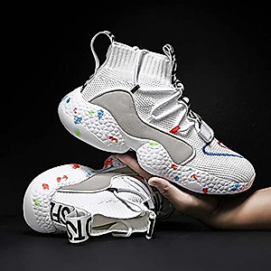 HYDLONGR Women‘s Men's Breathable High-Top Knitted Mesh Lightweight Couple Running Shoes Fashion Walking Training Shoes Comfortable Casual Shoes Camouflage White 10.5 Women/ 8.5 Men