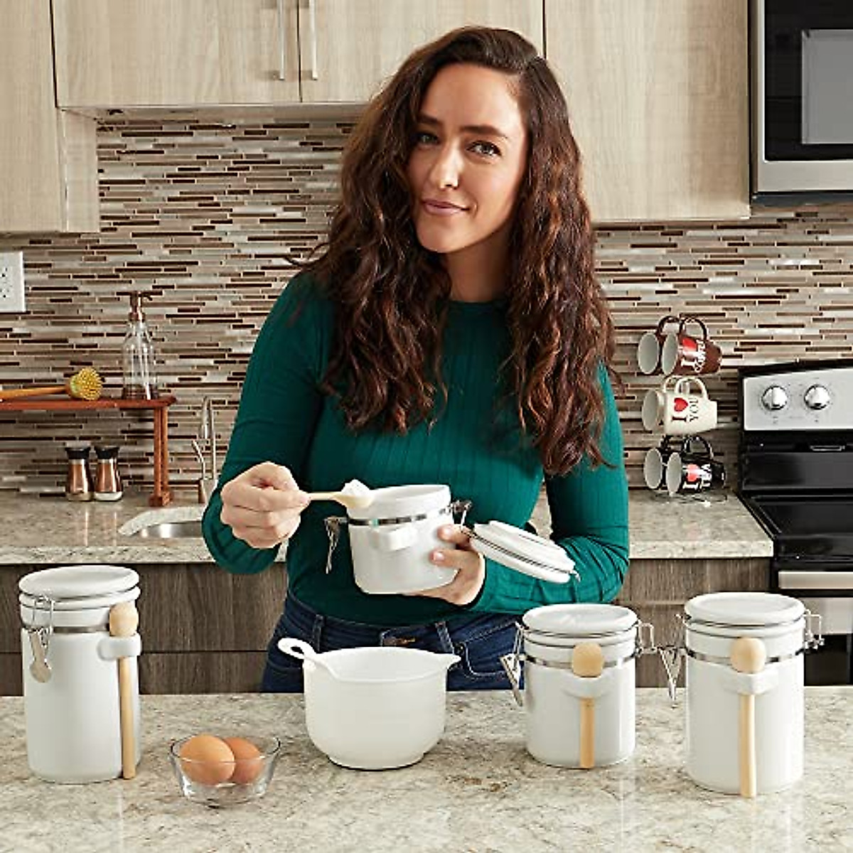 Canister Sets For The Kitchen (4 Piece Set) White, High Gloss Ceramic | By Home Basics | Decorative Kitchen Set | With Wooden Spoons, Countertop Set For Flour, Sugar, Coffee, and Snacks