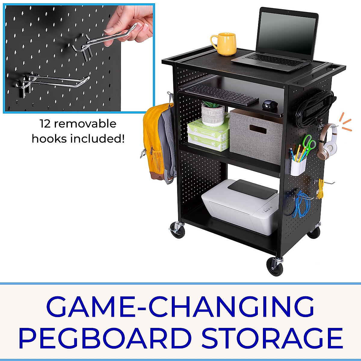 Line Leader Stellar AV Cart | Reimagine Your Teacher Cart with Revolutionary Pegboard Siding & 12 Movable Peg Hooks for Customizable Storage | UL Safety Certified Mobile Workstation with Keyboard Tray