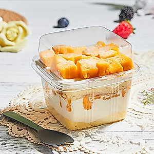 Qeirudu 50 Pack 8 oz Square Plastic Dessert Cups with Lids and Sporks, Disposable Cake Cups with Lids, Yogurt Parfait Containers for Fruit, Pudding, Mousse, Ice Cream and Strawberry Shortcake