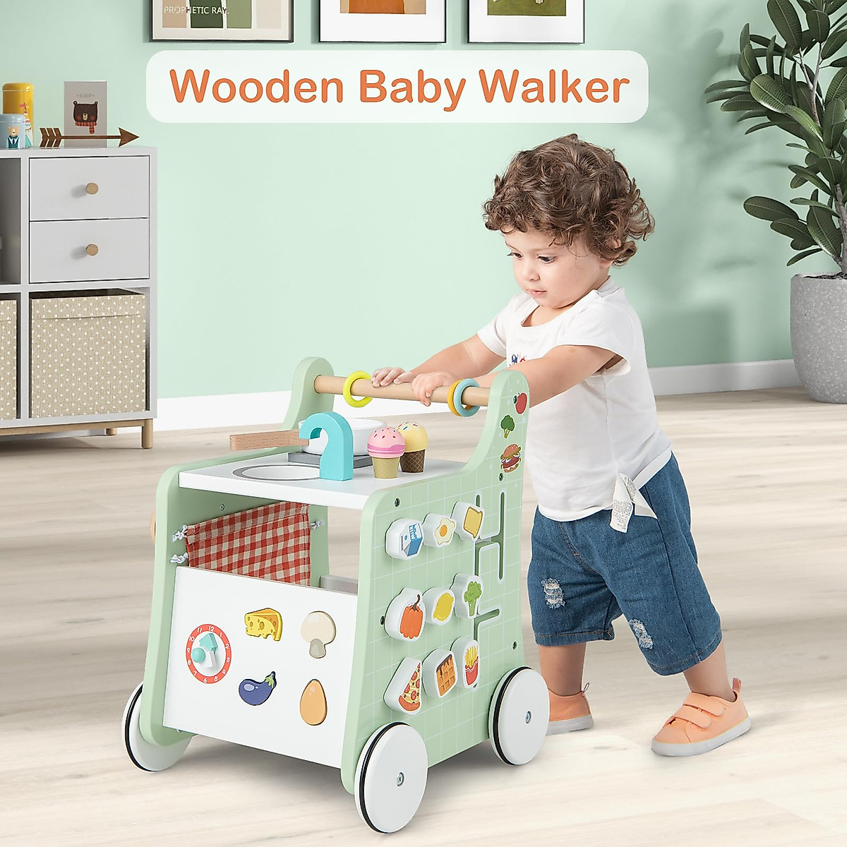 HONEY JOY Baby Push Walker, 6-in-1 Wooden Play Kitchen Walker Activity Center w/Shape Sorter, Develop Motor Skills & Creativity, Push Toys for Babies Learning to Walk, Gift for Boys and Girls