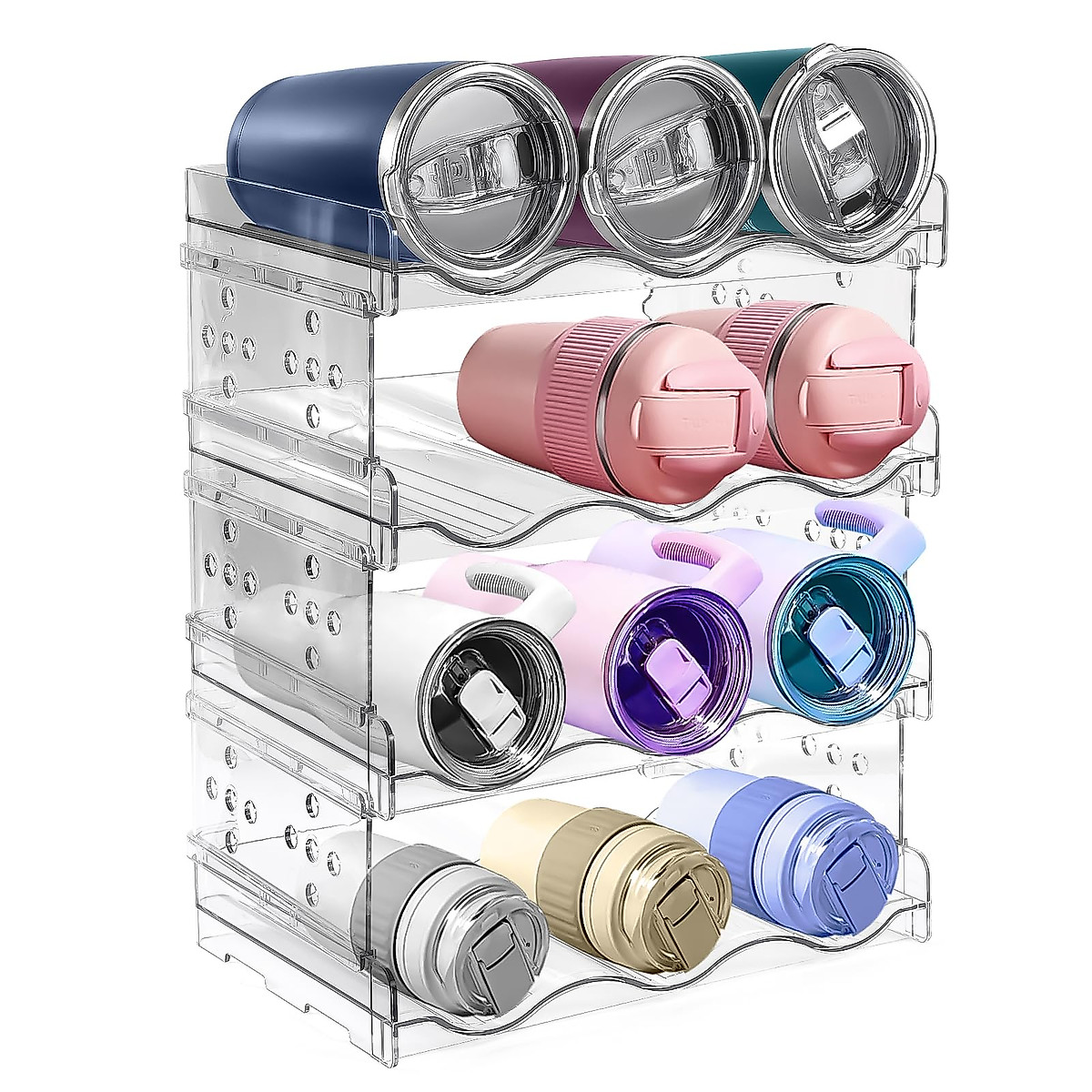 4 Tier Stackable Water Bottle Organizer Holder, Large Compartment Bottle Storage Rack for Stanley Tumbler, Clear Plastic Wine Rack/Drink Bottle Holder for Cabinet Organization and Storage