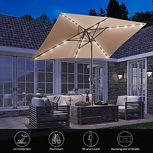 MONDAWE Outdoor Solar LED Patio Umbrella 10 x 6.5 FT Rectangular Market Umbrella with Lights， Tilt and Crank Aluminum Commercial Table Umbrella for Pool Backyard Balcony