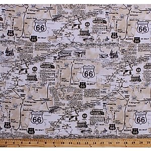 Cotton Vintage Route 66 Map Newspaper Print Road Signs Roads Road Trip Travel Cotton Fabric Print by The Yard (C7529)