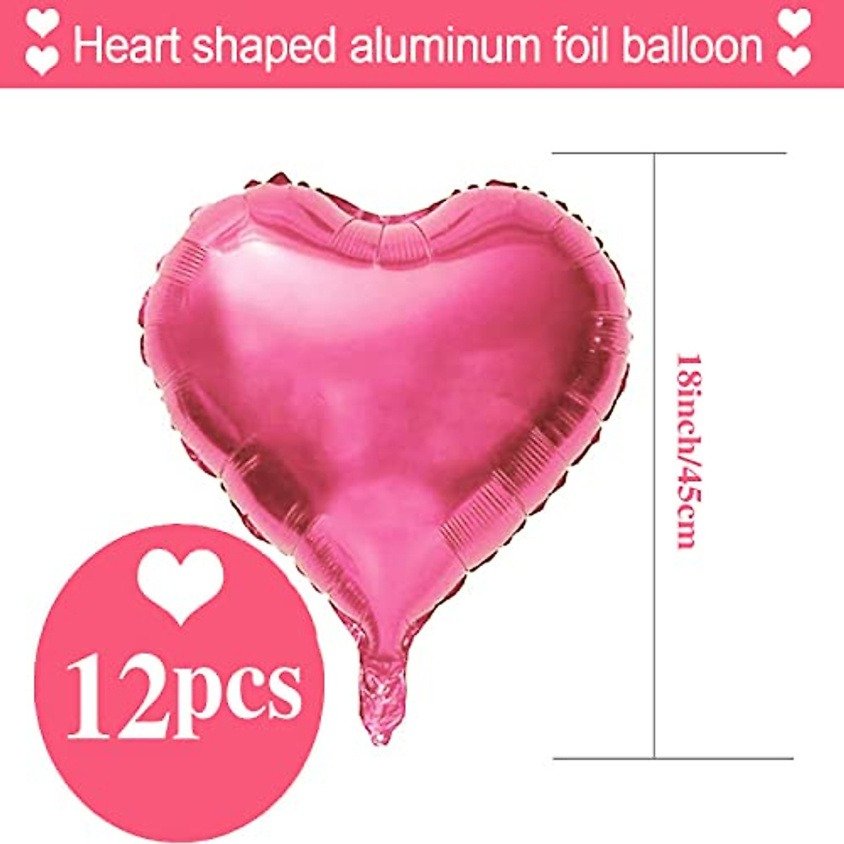 12Pcs Heart Shape Foil Balloons, 18" Balloons Aluminum Foil Decorations Suitable for Birthday Parties, Weddings, Engagement Parties, Valentine's Day Decorations, Celebrations, Anniversaries (Pink)