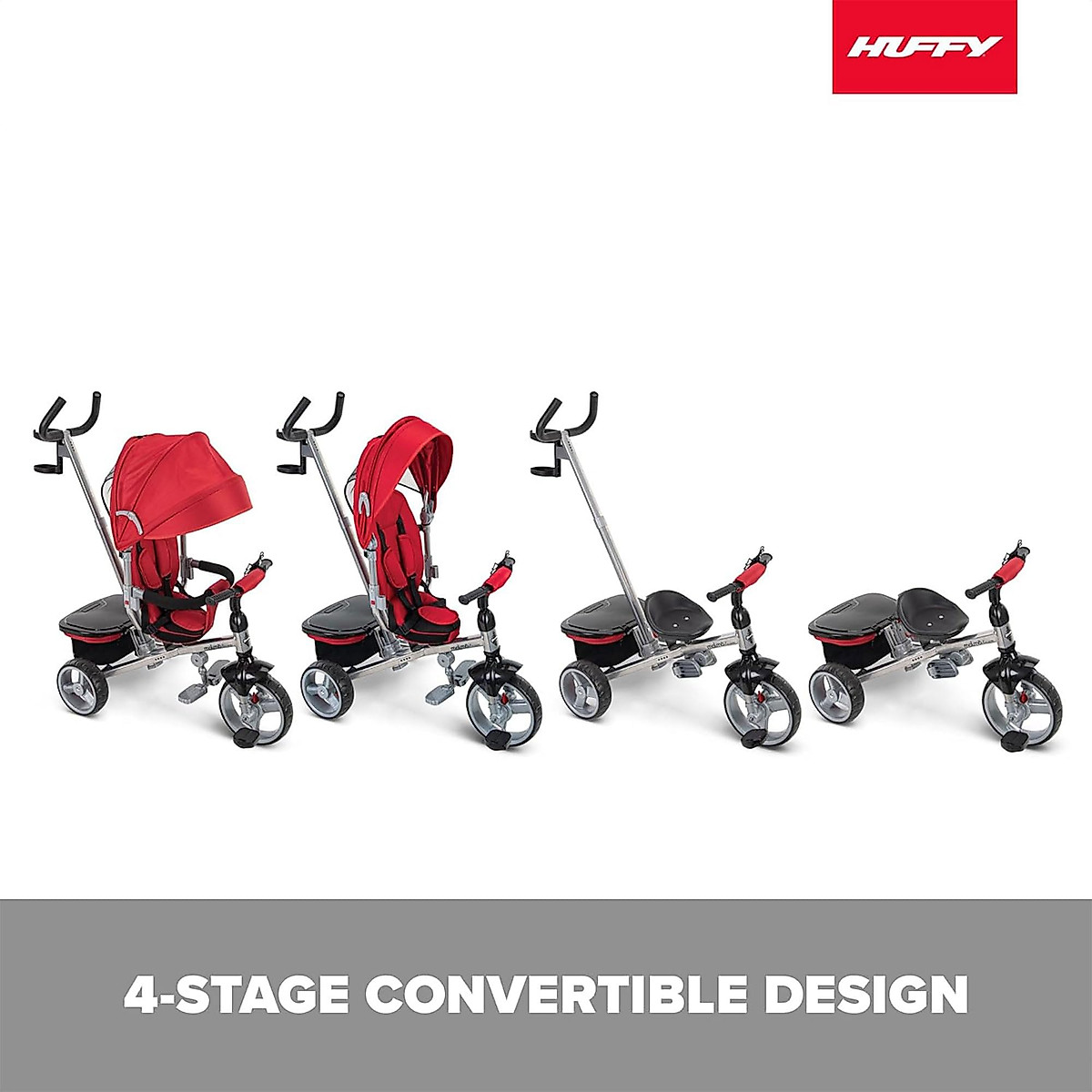 Huffy Malmö Luxe 4-in-1 Canopy Trike with Push Handle, Cup Holder & Rear Storage Red