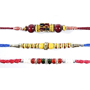 Set of 3 Rakhi - Rakhi for Bhaiya, Bhabhi, Indian Rakhi for Brother, Rakshabandhan Festival, Rakhi Bracelets/Rakhi Threads with Kumkum, Rice and Gift Envelope