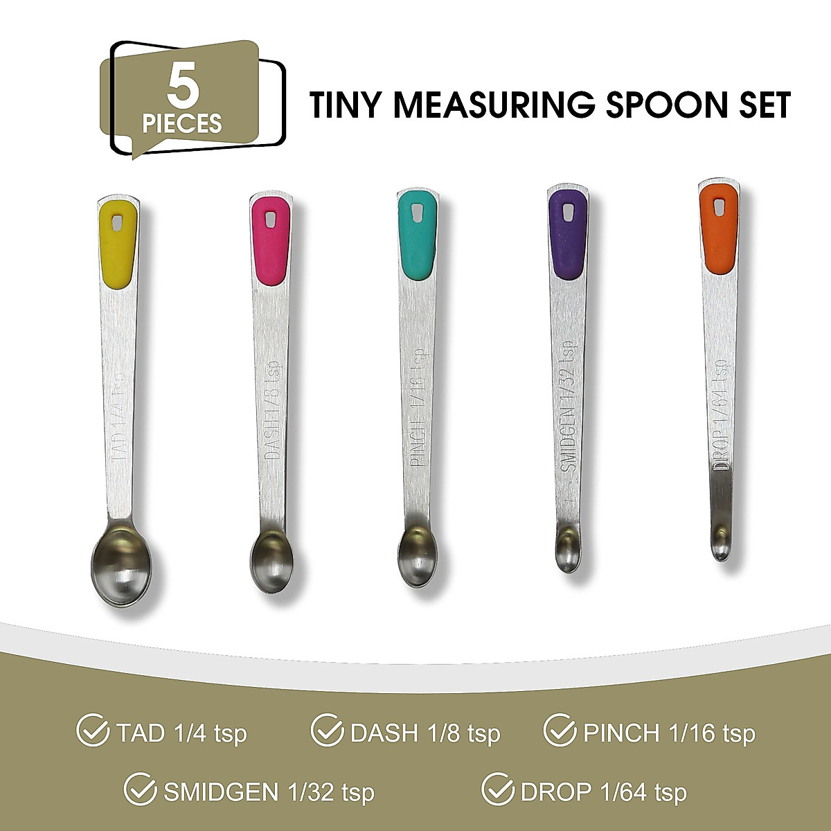 BERYLER Measuring Spoons Set of 5, Tiny Stainless Steel Measuring Spoons with Silicone Handle, Small Measuring Spoon 1/64, 1/32, 1/16, 1/8, 1/4 tsp, Teaspoon for Dry or Liquid Ingredients