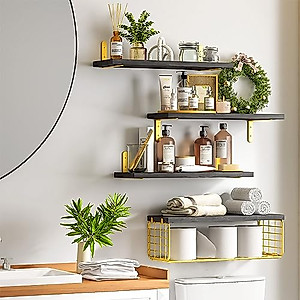 Fixwal 4+1 Tier Floating Shelves Rustic Wood Wall Mounted Shelf, Bathroom Shelves Over Toilet with Wire Storage Basket, Farmhouse Wall Decor for Bedroom, Kitchen, Living Room and Plants (Black Gold)