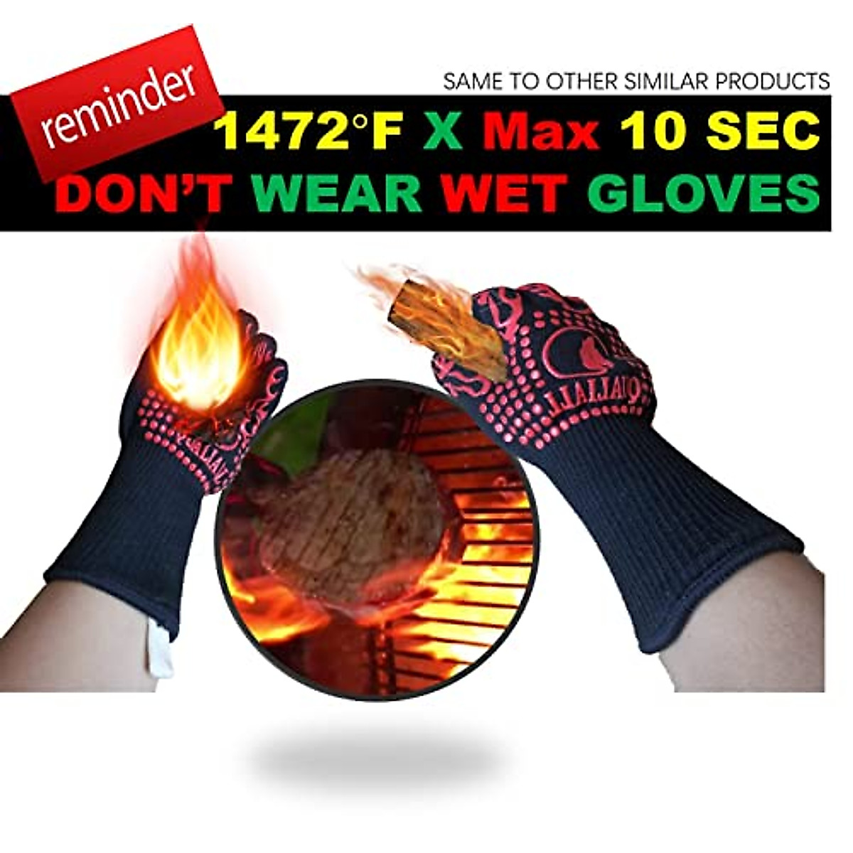 BBQ gloves, 1472°F, EN407 Certified. Extreme Heat Resistant, Long Sleeve, Anti-slip, Sweat Absorption, Comfier Easier and Safer for Grilling, barbecue, smoking, Cooking, Baking, pot holding.