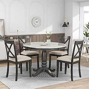5 Pieces Dining Table Set for 4 Persons, Wooden Dining Table Set with One Faux Marble Dining Table and 4 Upholstered-Seat Chairs Modern Counter Height Dining Table Set for Kitchen Living Room, Gray