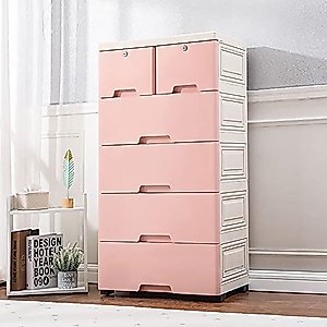 6 Drawer Plastic Dresser Storage Tower Closet Organizer Unit with Keys Clothes Organizer Cabinet for Home Office Bedroom, 5 Layer Drawer Storage Cabinet on Wheels (Pink, 19.7"W x 13.8"D x 40"H)