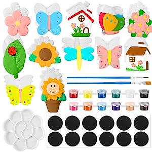 27 Pcs Arts and Crafts Set Painting Kit for Kids Include 12 Unpainted DIY Ceramic Figurines Paint Your Own Figurines with 12 Magnet 2 Brushes and 1 Palette Ceramic Painting Kit for Toddler (Butterfly)