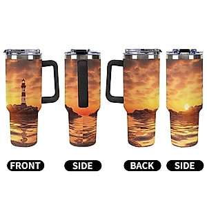STVNKML 40 Oz Tumbler with Handle Sea Lighthouse in Sunset Stainless Steel Coffee Mug Reusable Travel Mug Leak-proof Insulated Car Cup Large Capacity Tumbler for Travel, Outdoor, Home Use (Black)