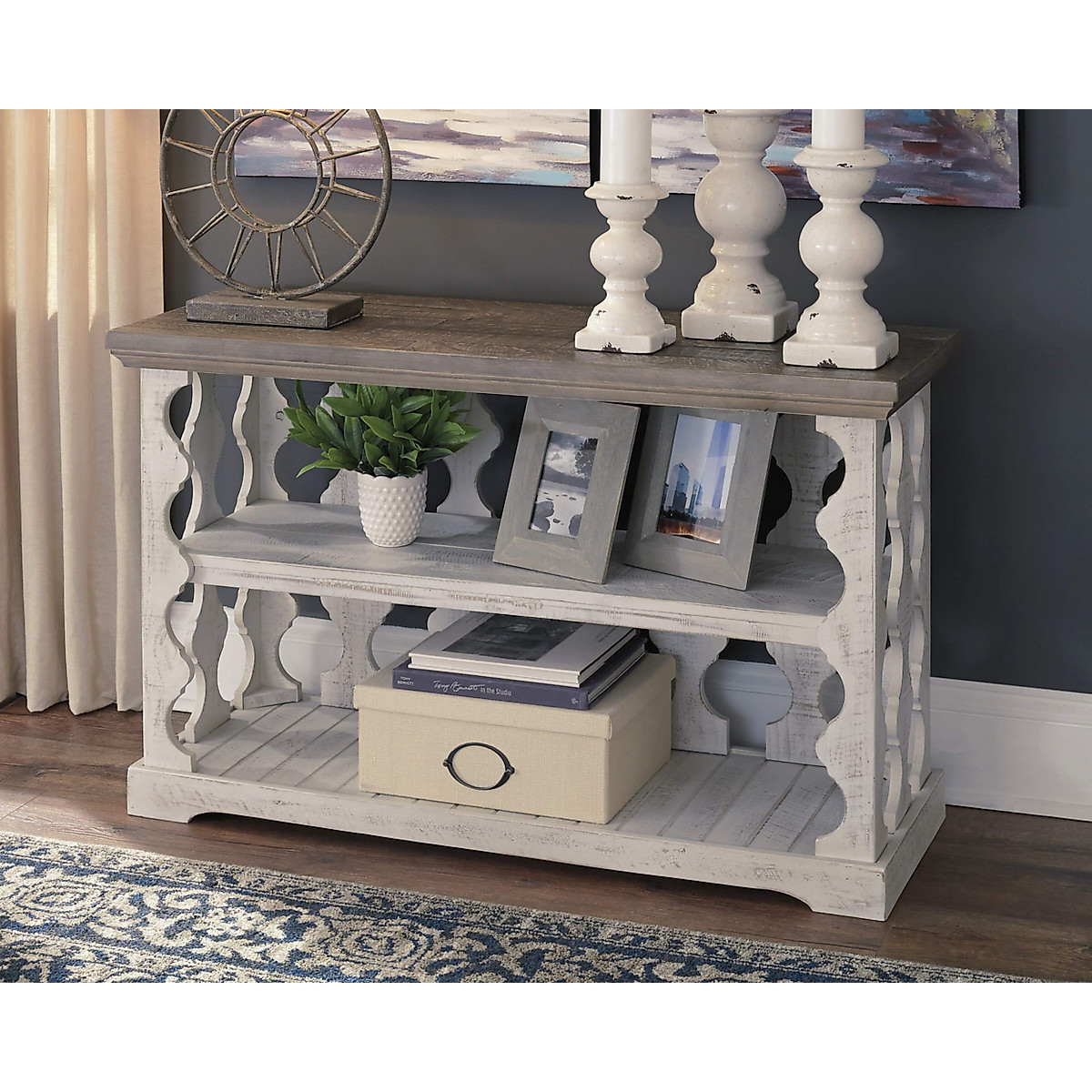 Signature Design by Ashley Havalance Farmhouse Sofa Table with 2 Fixed Storage Shelves, Gray & White with Weathered Finish