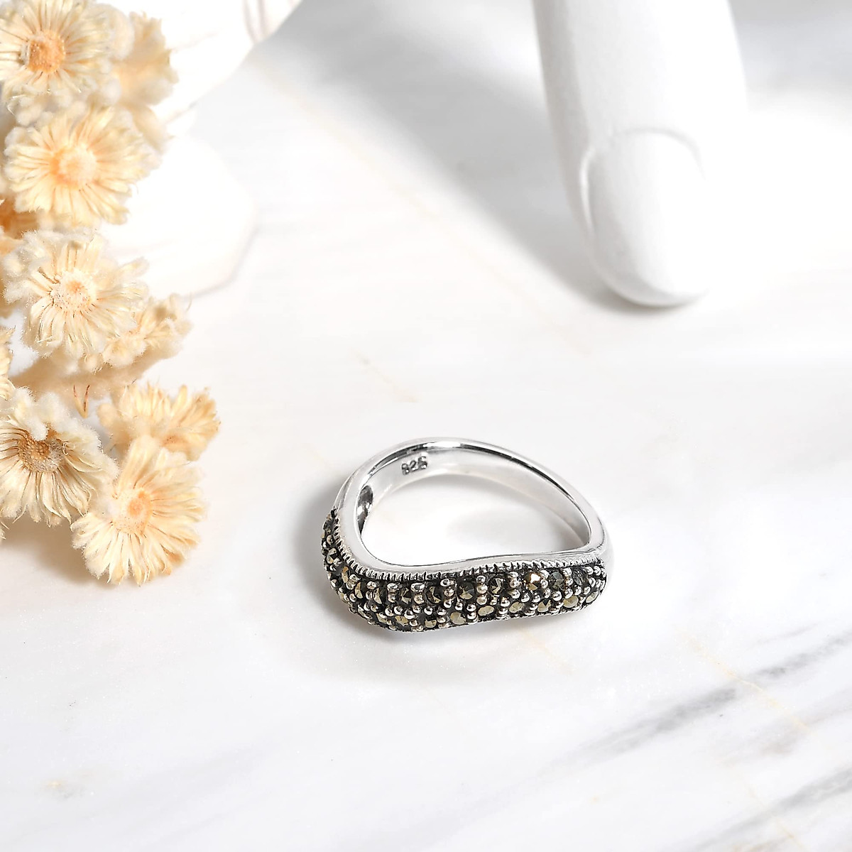 AeraVida Contempo Swirl Iron Marcasite Style Pyrite Embellished .925 Sterling Silver Ring (7)