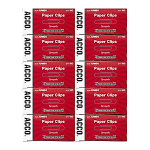 ACCO Paper Clips, Jumbo, Smooth, Economy, 10 Boxes, 100/Box (72580),Silver