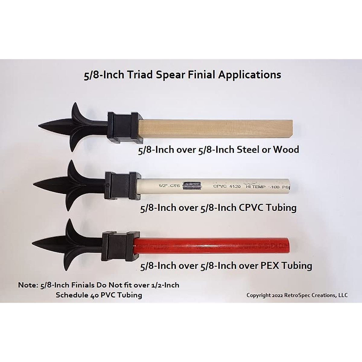 Retrospec Creations 10 Each for 5/8” Plastic Finial Tops for Iron Picket Fence Triad Spear – #50-58